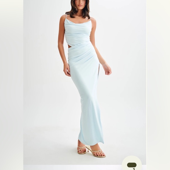 Meshki | Dresses | Meshki Jemma Draped Slinky Maxi Dress Sky Blue ...